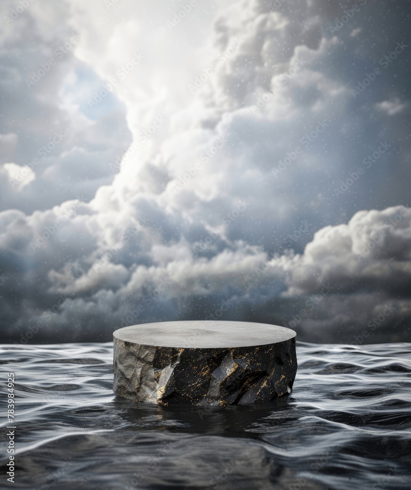 Round rough stone pedestal, black cylinder in dark water. Realistic ...