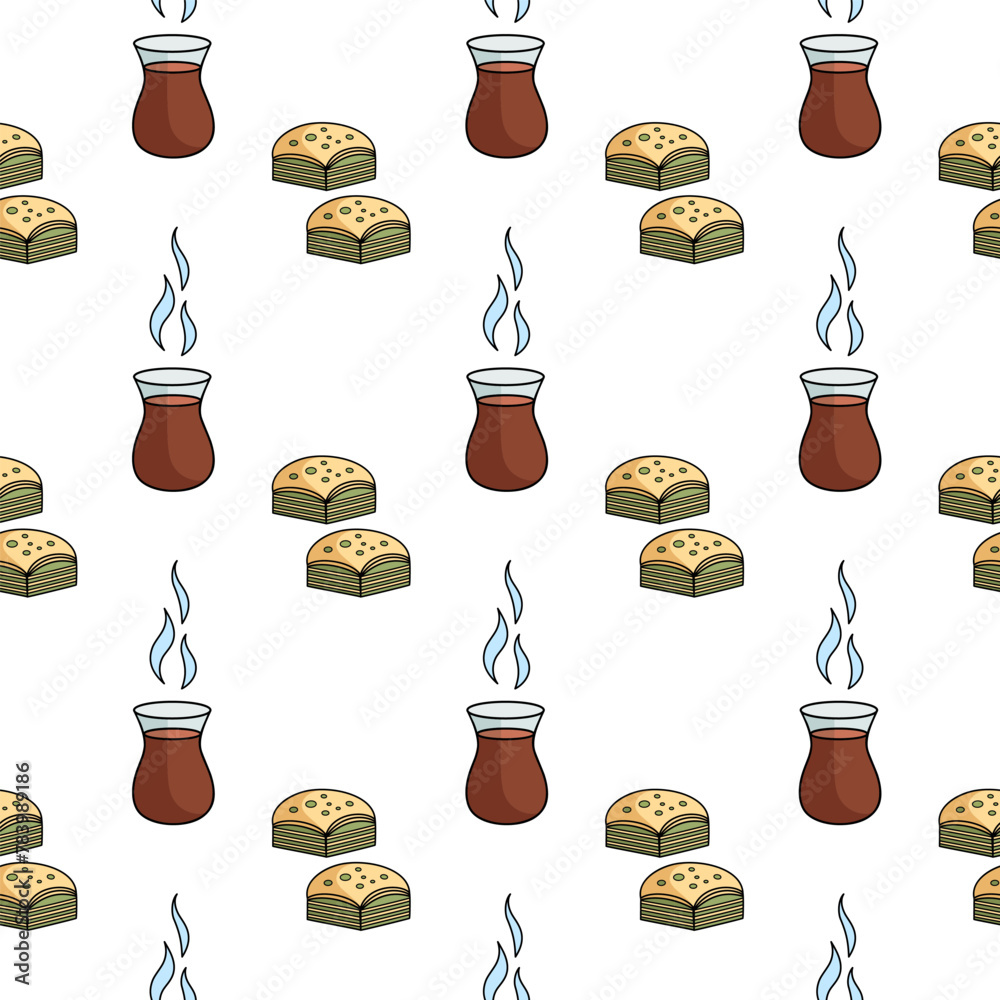 Seamless pattern with Turkish tulip shaped teacup and Turkish baklava ...