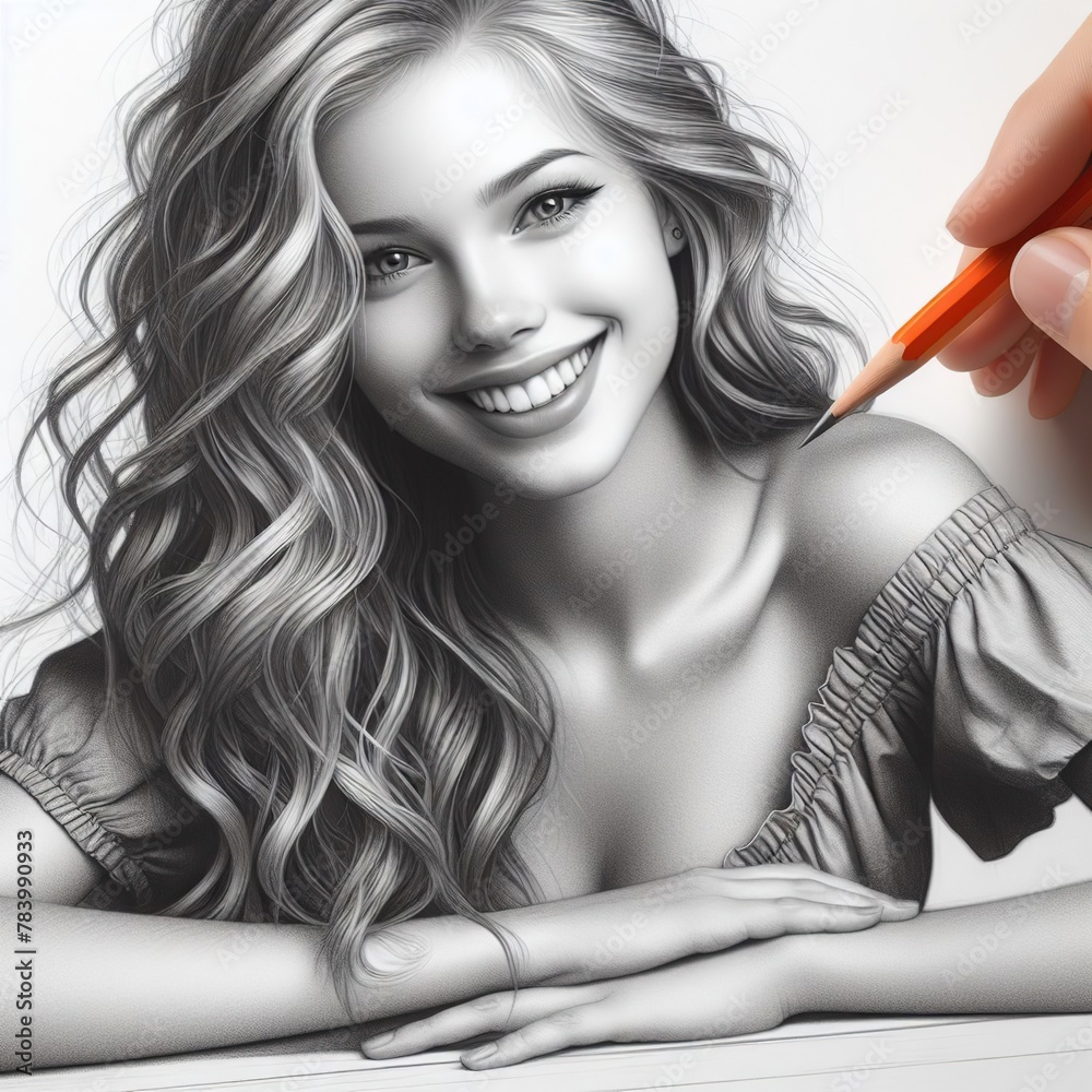 Simple black and white drawing of a girl with long hair who is smiling ...