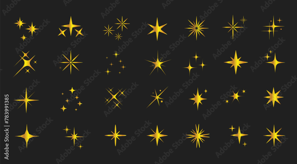 Big set of golden color Flat sparkling star collection. Sparkle light star vector illustration ...