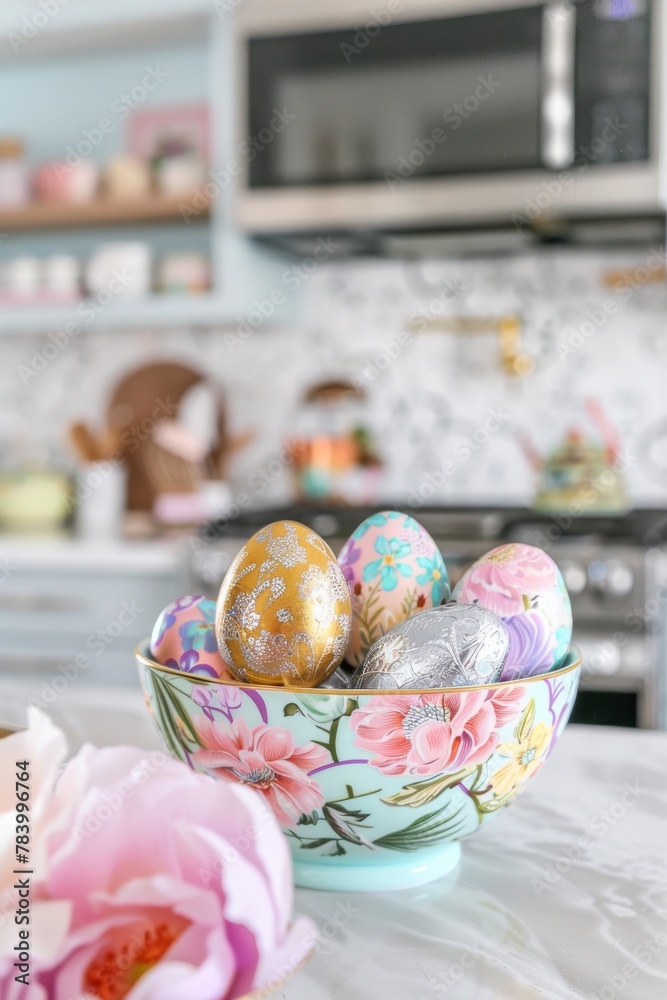Glistening Easter eggs with intricate designs are placed in a floral ...