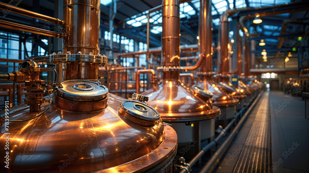 Shiny copper distillation tanks lined up inside a beer production plant ...