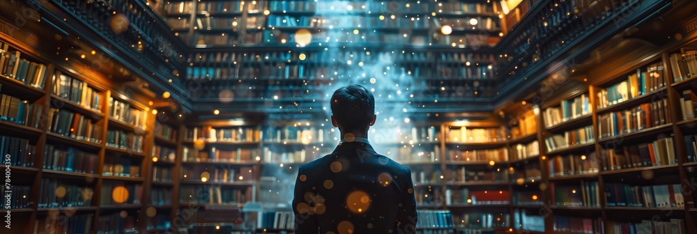 Man in a magical library with floating lights. Enchanted library filled ...
