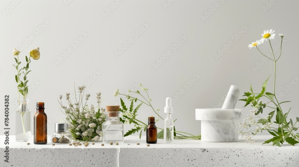 Homeopathy essentials, including glass vials of herbal extracts ...