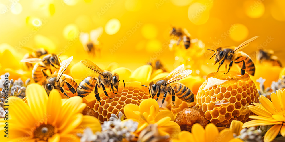 May 20, World bee day. A lively swarm of bees is illustrated in a sea ...