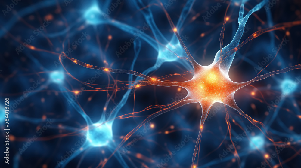 Detailed representation of activated glowing brain neurons. Neural ...