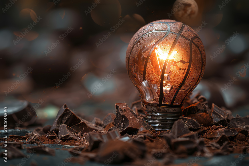 A light bulb is lit up in a pile of chocolate. The light bulb is ...