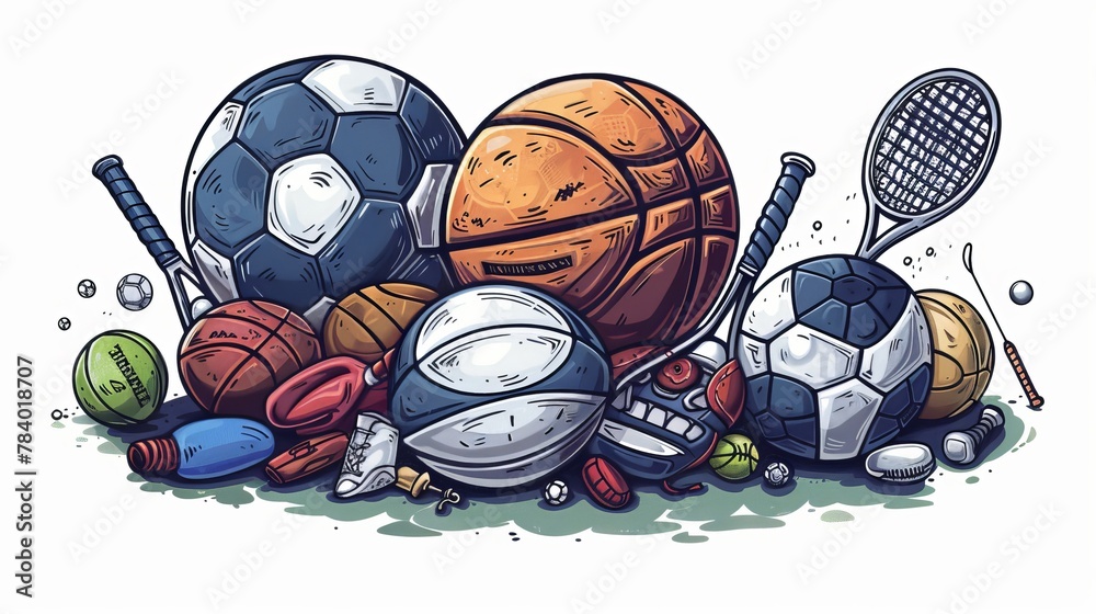 Cartoon illustrations of sport balls including soccer, basketball, and ...