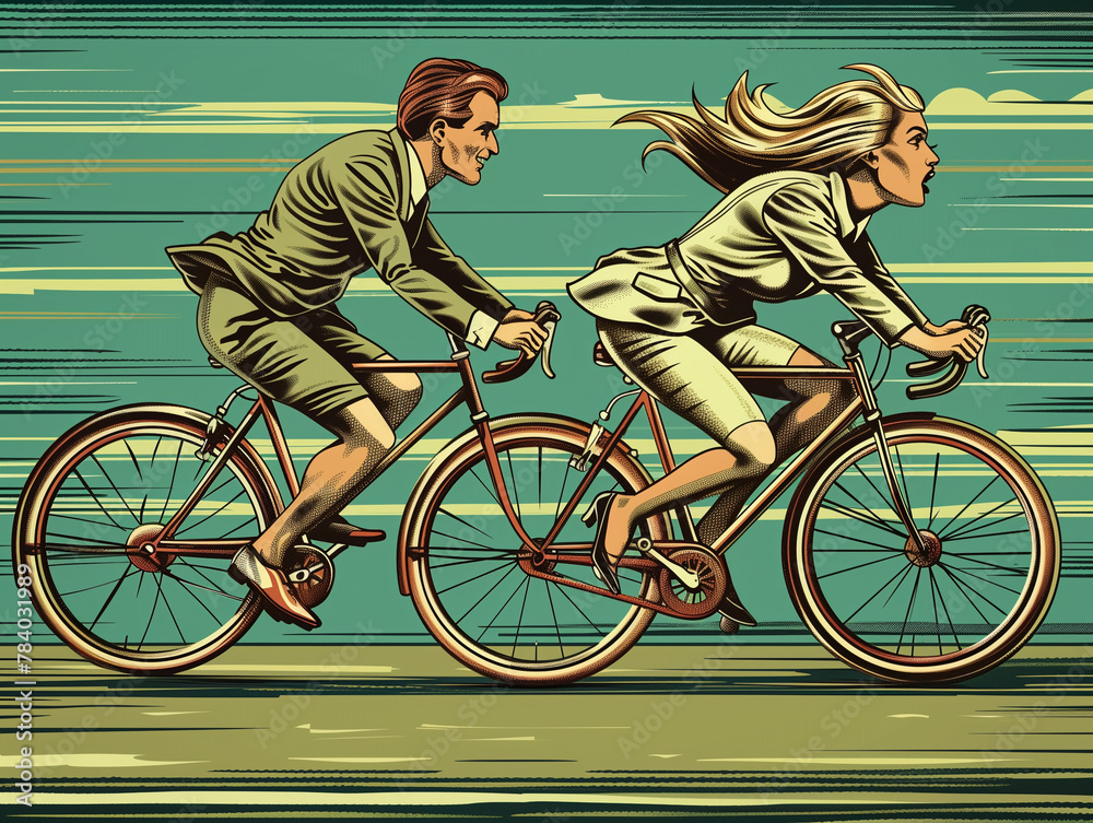 Stylized illustration of a couple in business casual attire riding a ...