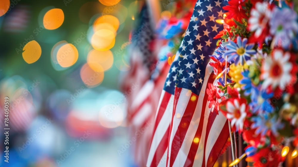 American flags, patriotic ribbons and red, white and blue decorations ...
