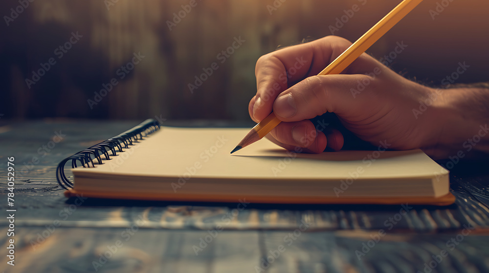 a person writing in a notebook with a pencil. The individual’s hand is ...
