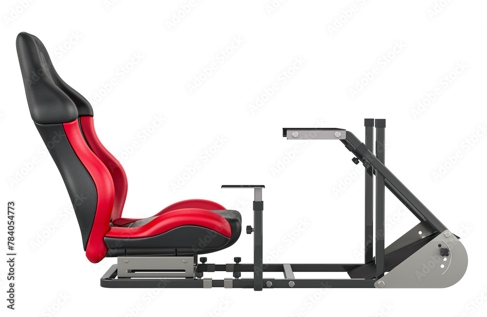 Racing simulator cockpit, side view. 3D rendering isolated on ...