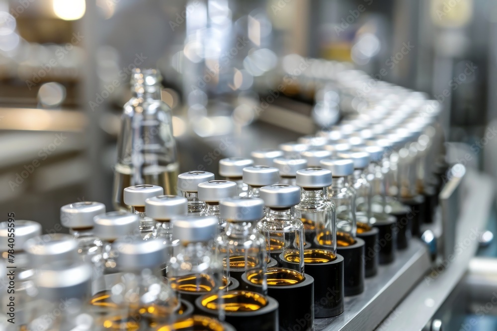 Pharmaceutical production line featuring an array of glass vials being ...