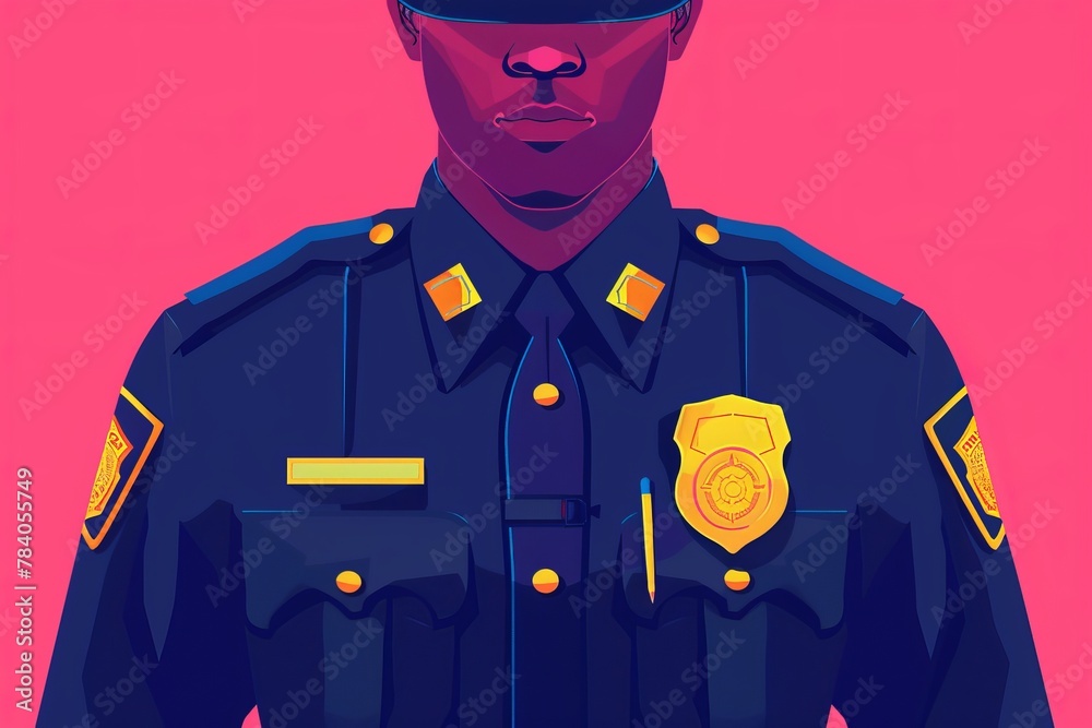 Vibrant illustration of a police uniform, badge bright against bold ...