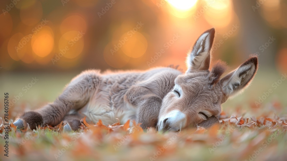 A tight shot of a small donkey resting on a lush grassy expanse ...