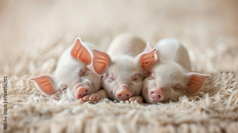 Three little pigs snuggle closely on a soft, plushy blanket in the ...