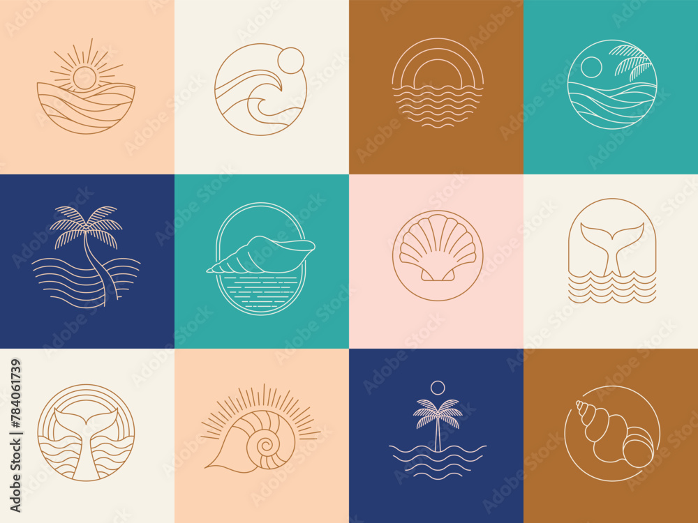 Bohemian linear logos, icons and symbols, sea, ocean, beach and surfing ...