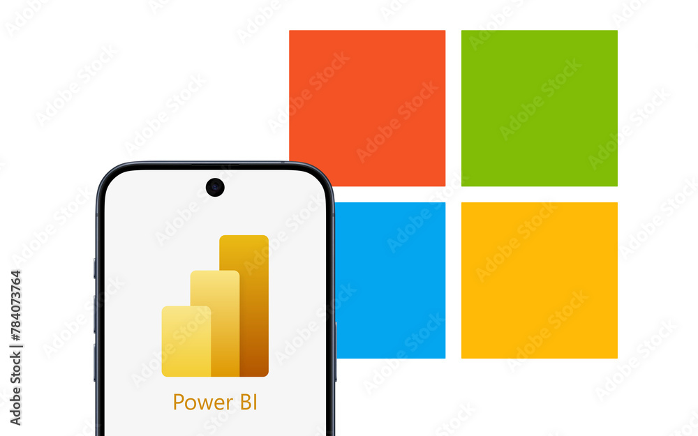 Microsoft Power Bi logo is displayed on a modern smartphone ...