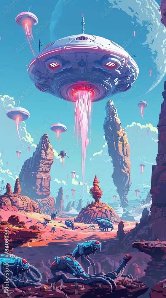 Illustrate a comical long shot composition of a quirky sci-fi themed ...