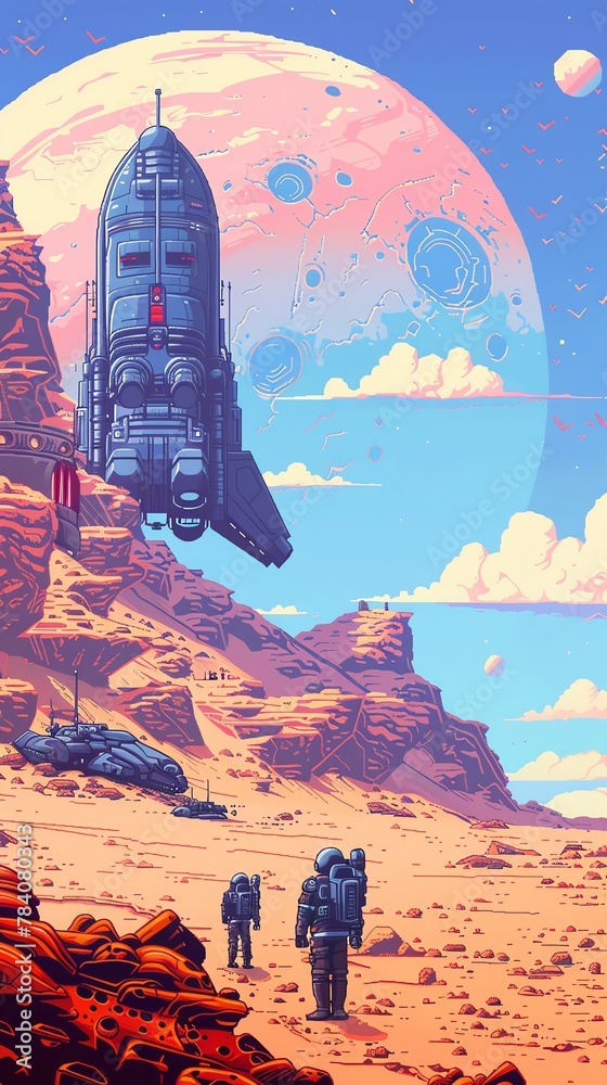 Illustrate a comical long shot composition of a quirky sci-fi themed ...