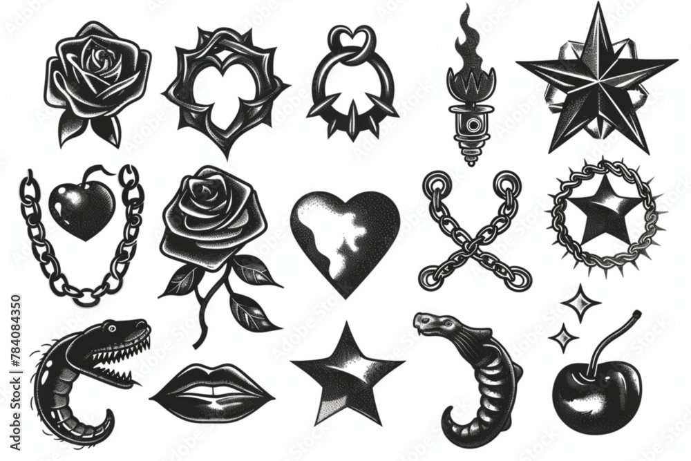 Y2k aesthetic set. Tattoo art signs of 2000s style. Y2k symbols, goth ...
