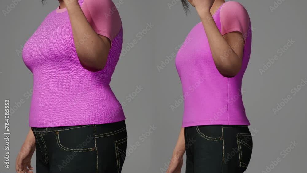 Overweight and thin, before and after poses of a cheerful woman. Sports ...