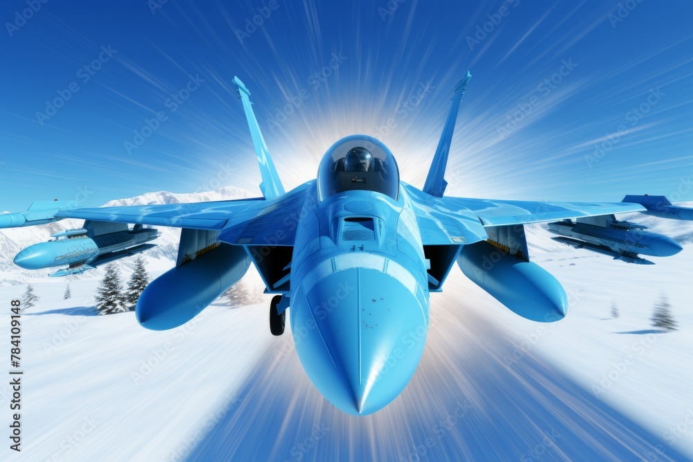 Blue fighter jet soaring through the sky over majestic snow-covered ...