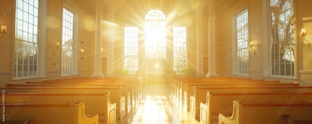 Sunlight illuminating the interior of a church through large windows ...