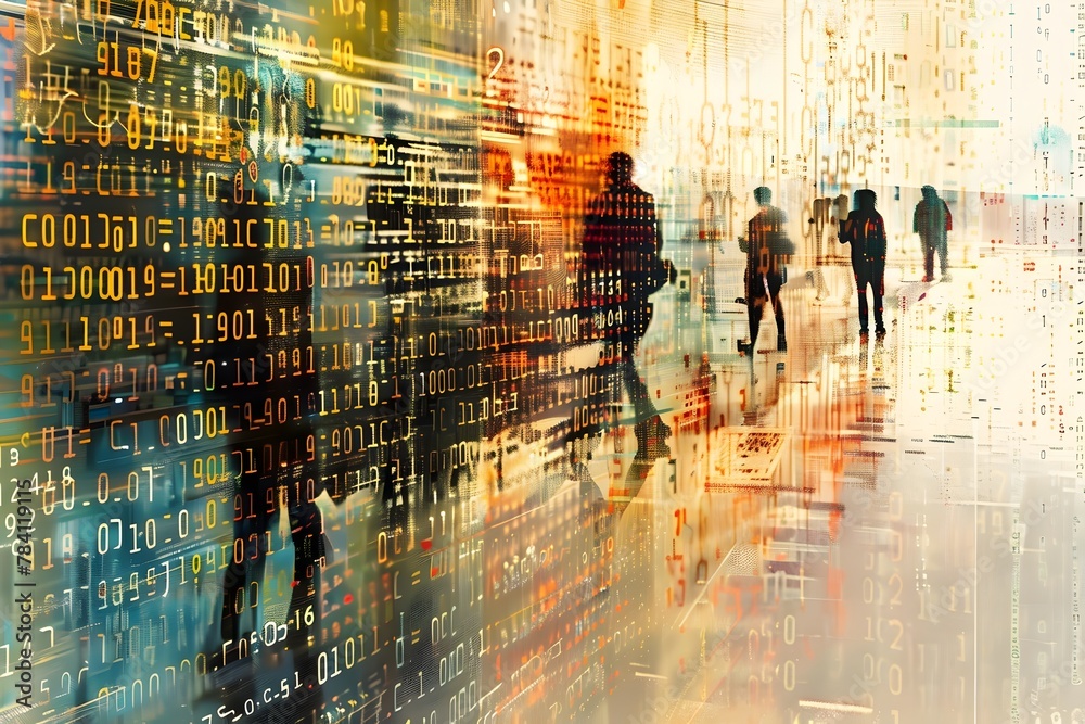 A group of people walking down a street with a wall of binary code ...
