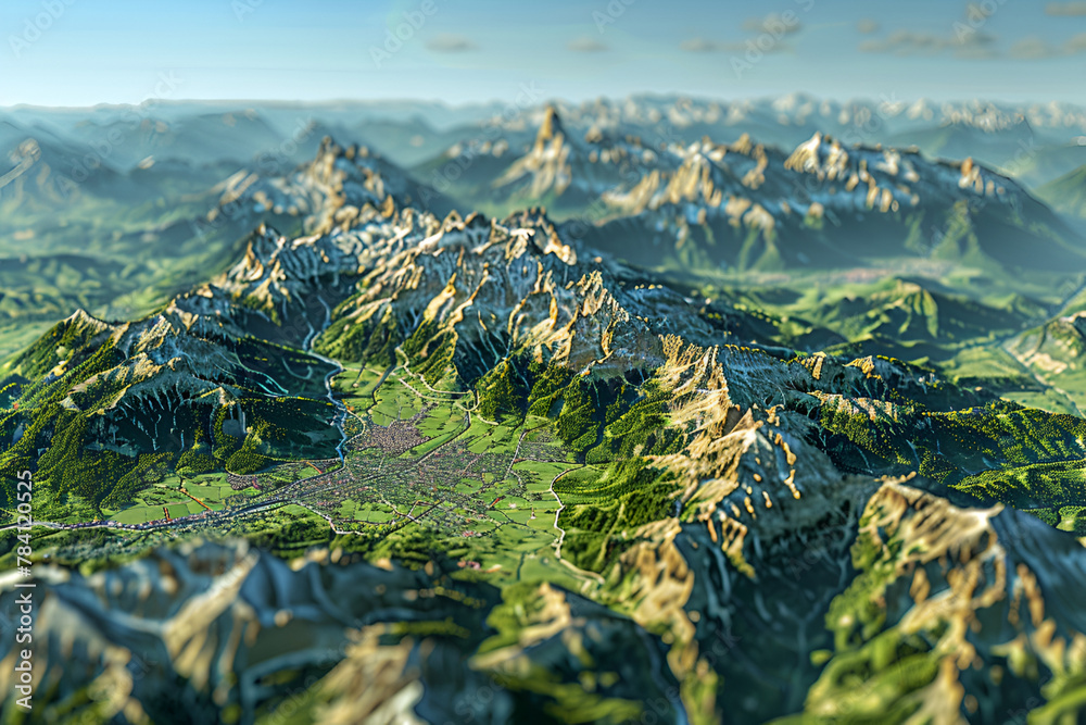 Tilt-shift effect on a detailed model of alpine mountains and a nestled ...