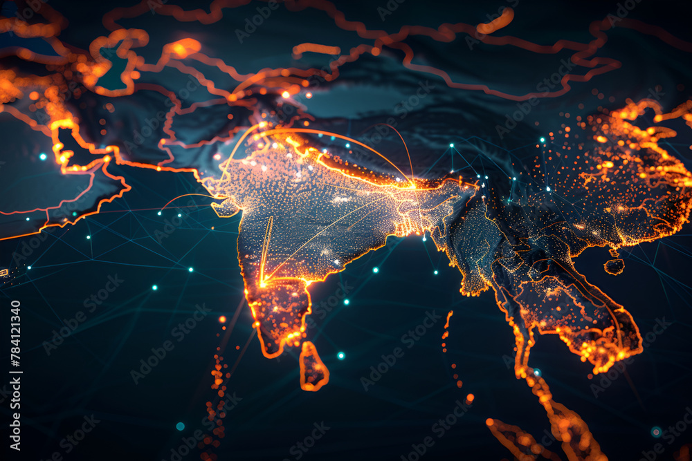 Glowing digital nodes and connections forming a world map, symbolizing ...