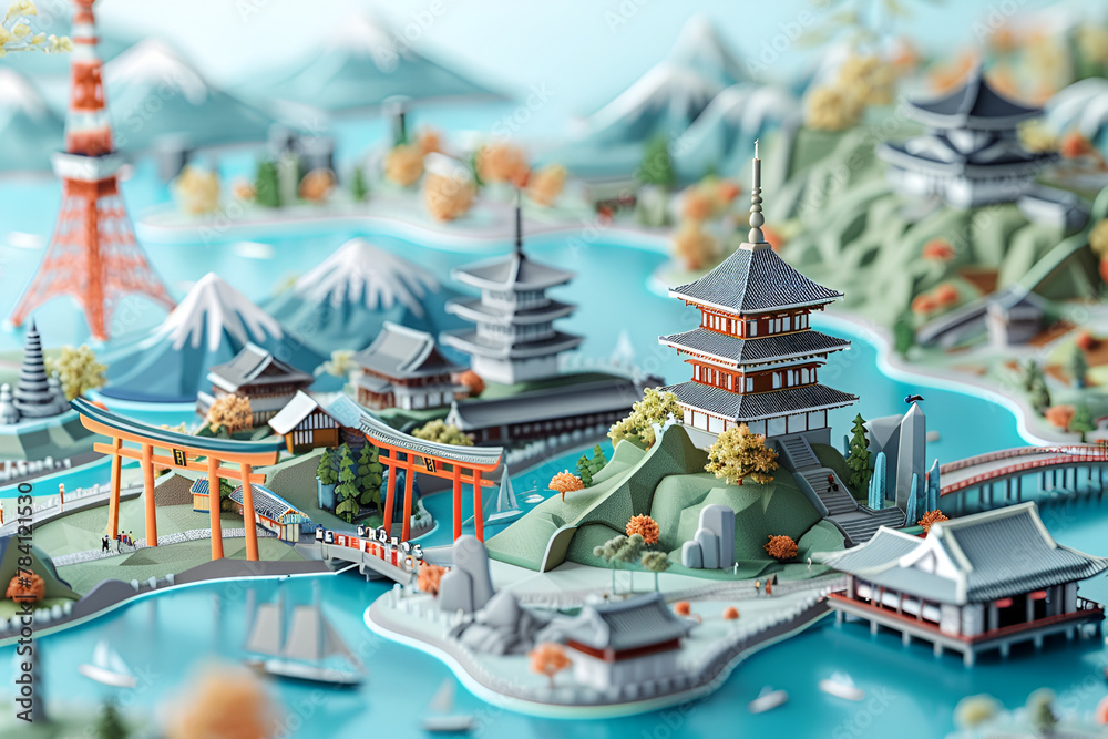 Vibrant 3D map with Japanese landmarks and scenic landscape. Stock ...