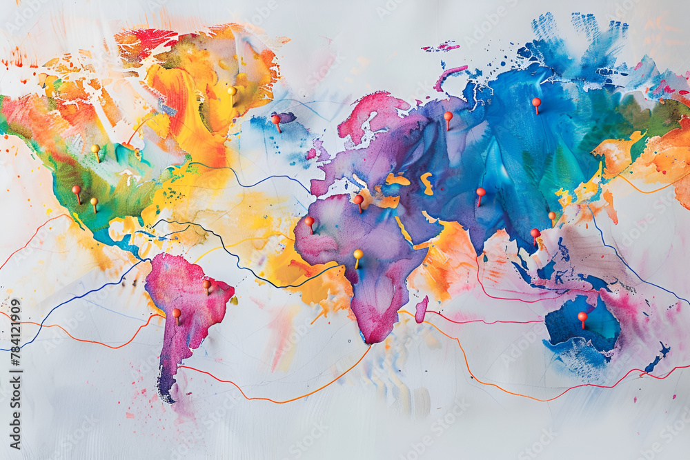 Artistic world map illustration with vibrant watercolor splatters and location pins. Stock ...