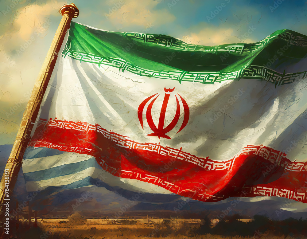 Waving vintage Iran flag on sunset sky above the city. symbol of ...