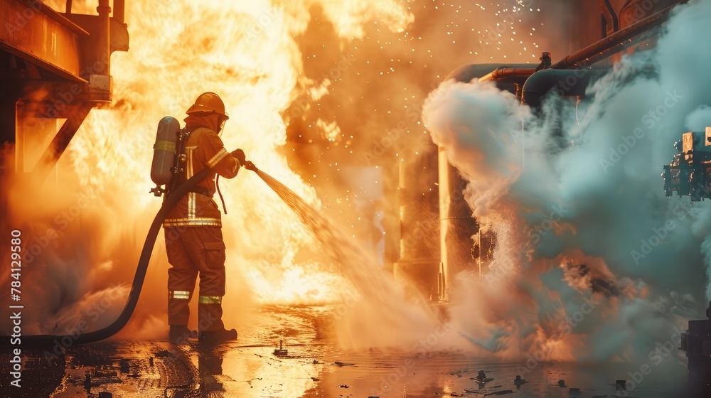 Panoramic firefighters using Twirl water fog type fire extinguisher to ...