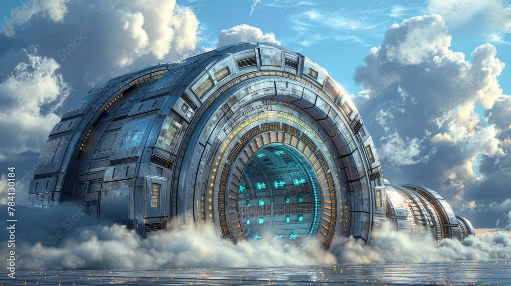 A large cylindrical spaceship is hovering above the clouds. The ship is ...