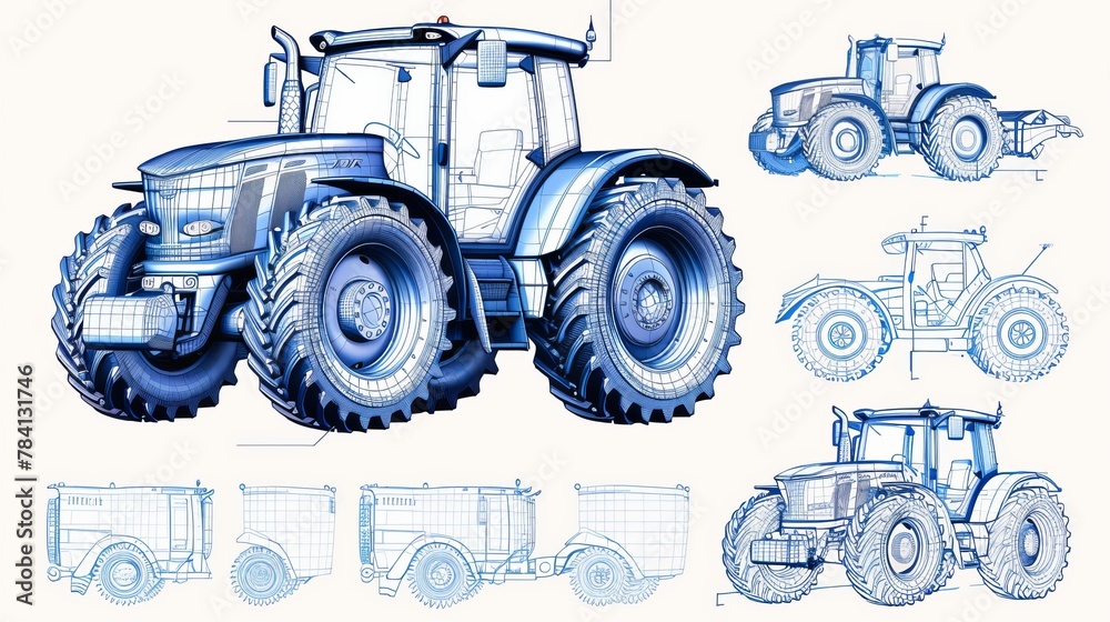 A blue tractor drawing in an isolated agricultural machine format shows ...