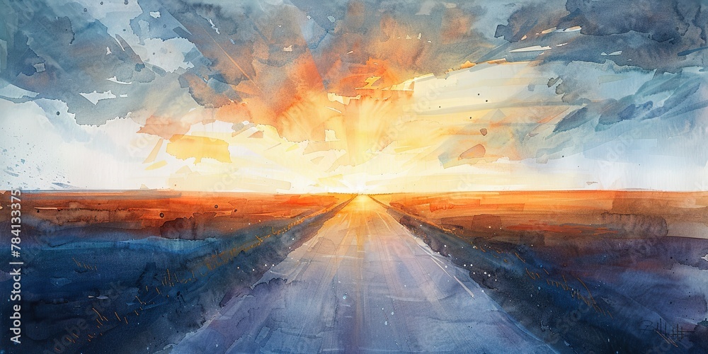 Banner, path forward, watercolor, road stretching into sunrise, dawn ...