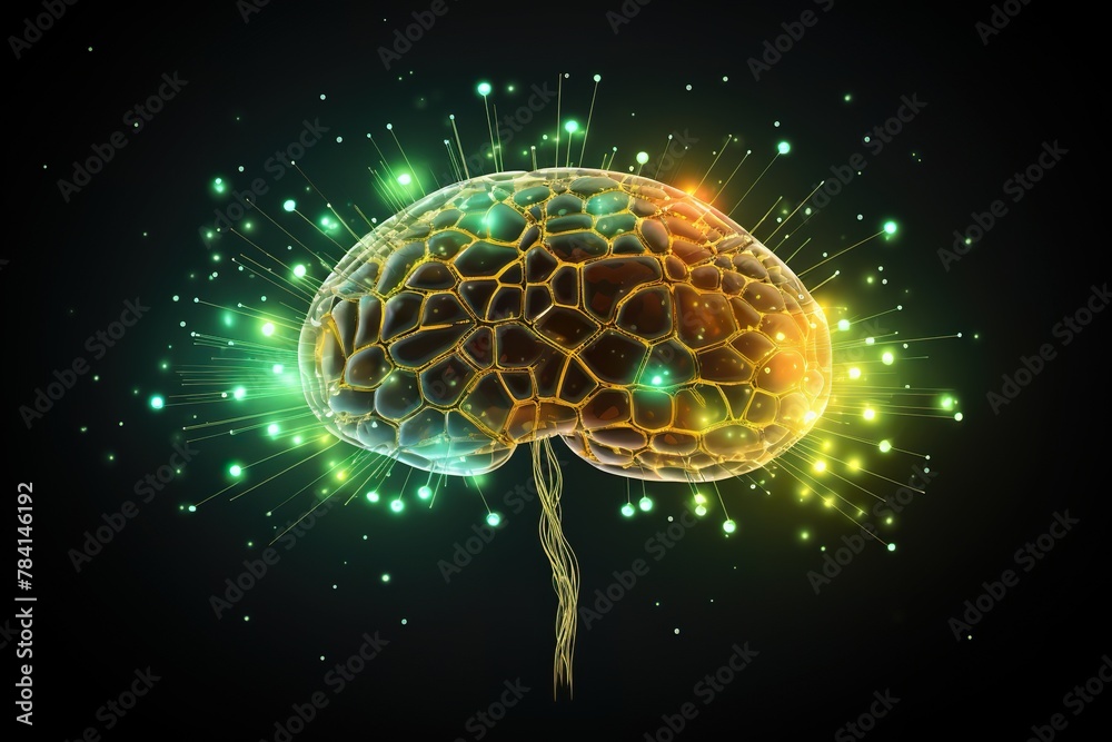 Yellow and green Human Brain, bioluminescent, bright luminescence white ...