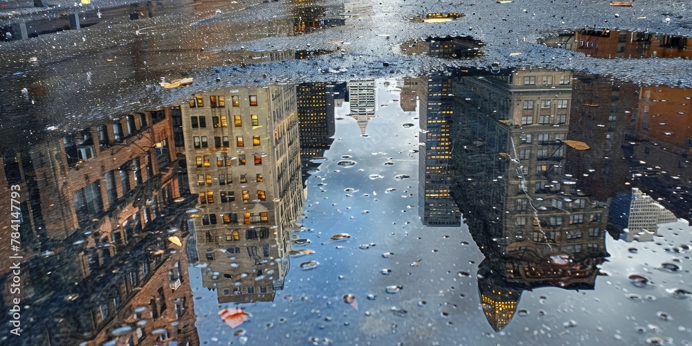 The reflection of a complex cityscape in a simple rain puddle, merging ...