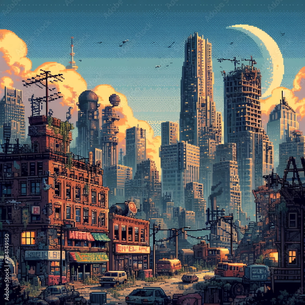 City after a post-apocalyptic world being rebuilt, illustration ...