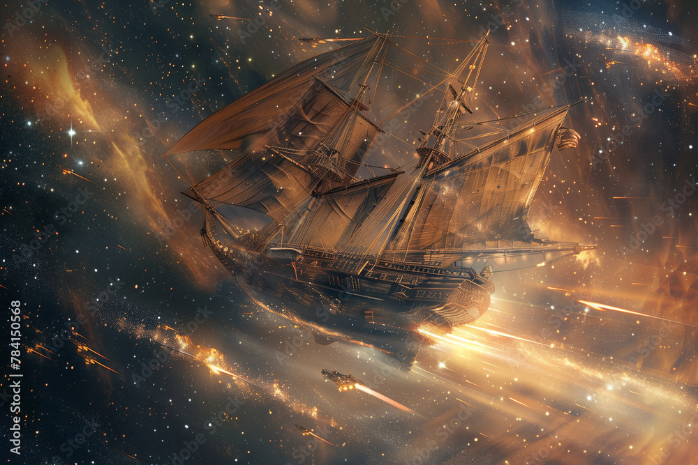 Space Sailing Ship on a voyage across undiscovered planets, blending ...