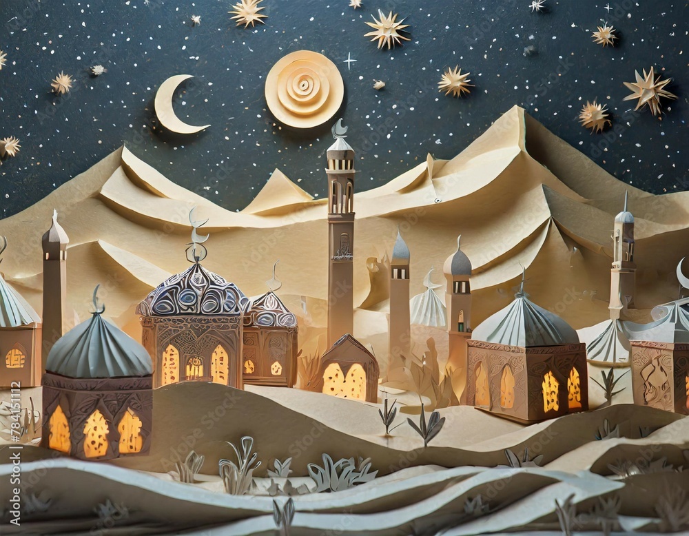 A papercraft scene of a traditional Islamic village in the desert, with ...