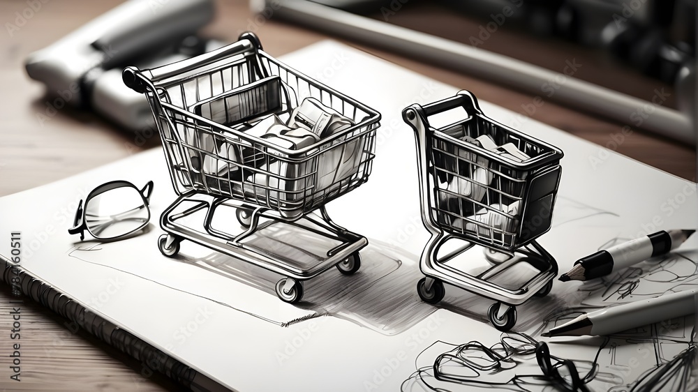 "Sketch, A sketch of a digital shopping cart displaying different items ...