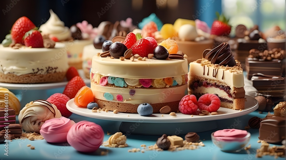 "Photorealistic Image, A tempting dessert spread featuring a variety of ...