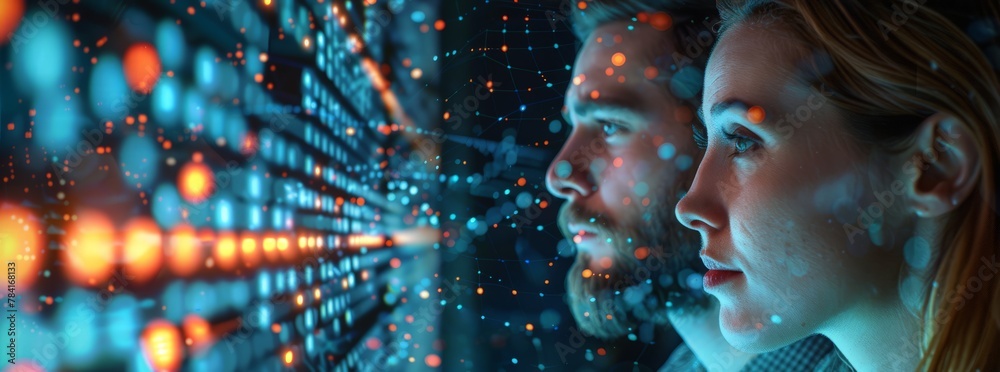 A man and woman are shown in profile, focused intently on a complex ...