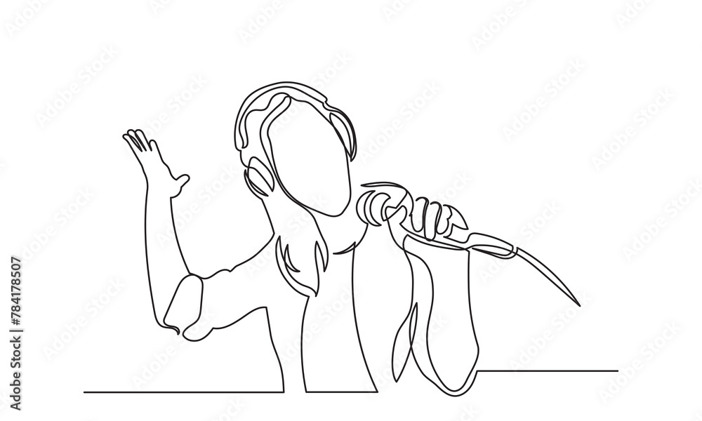 Vetor de Single one-line drawing of a girl singer with a microphone ...
