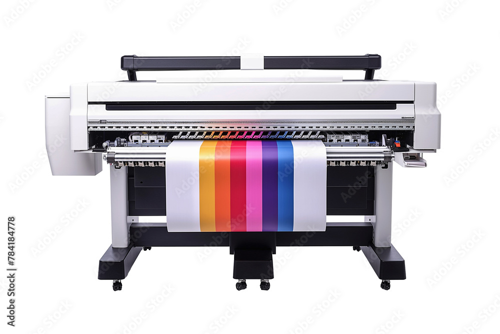 Modern large format printer machine with colour samples isolated on ...