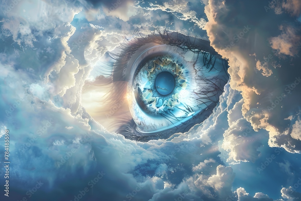 A blue eye is shown in the sky with clouds. The eye is looking up at ...