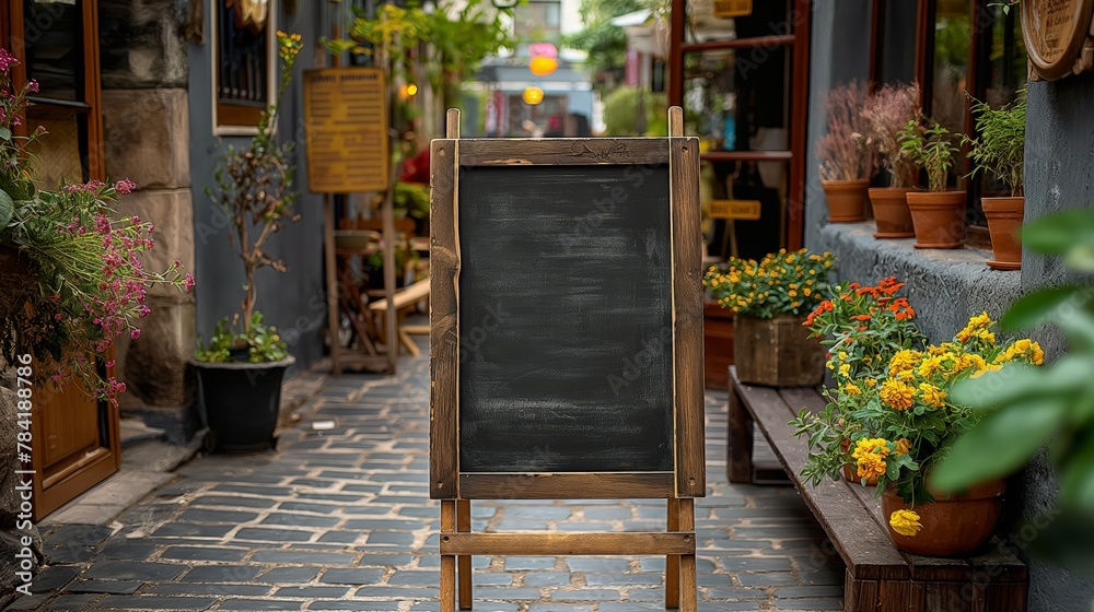 Blank restaurant shop sign or menu board near the entrance to ...